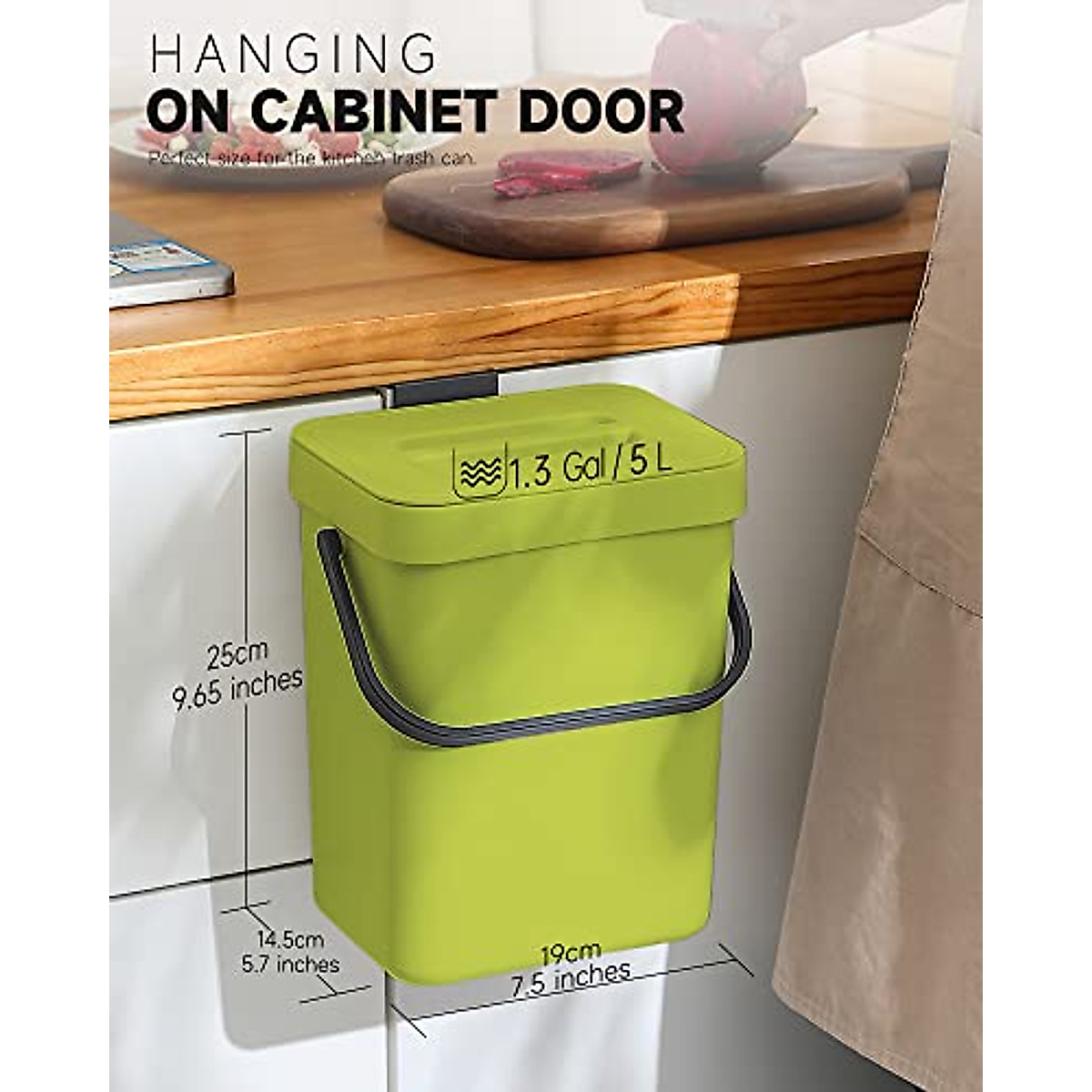 Compost Bin for Kitchen Countertop - MONGTINGLU 5L/1.3 Gal Hanging Small Trash Can with Lid, Kichen Under Sink Trash Can, Wall Mount Indoor Compost Bucket with Lid(Lime Green)