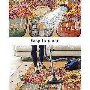 Hello Fall Outdoor Rug for Patio/Deck/Porch, Non-Slip Area Rug 6x9 Ft, Thanksgiving Pumpkin Floral Maple Leaf Yellow Beige Striped Indoor Outdoor Rugs Washable Area Rugs, Reversible Camping Rug Carpet