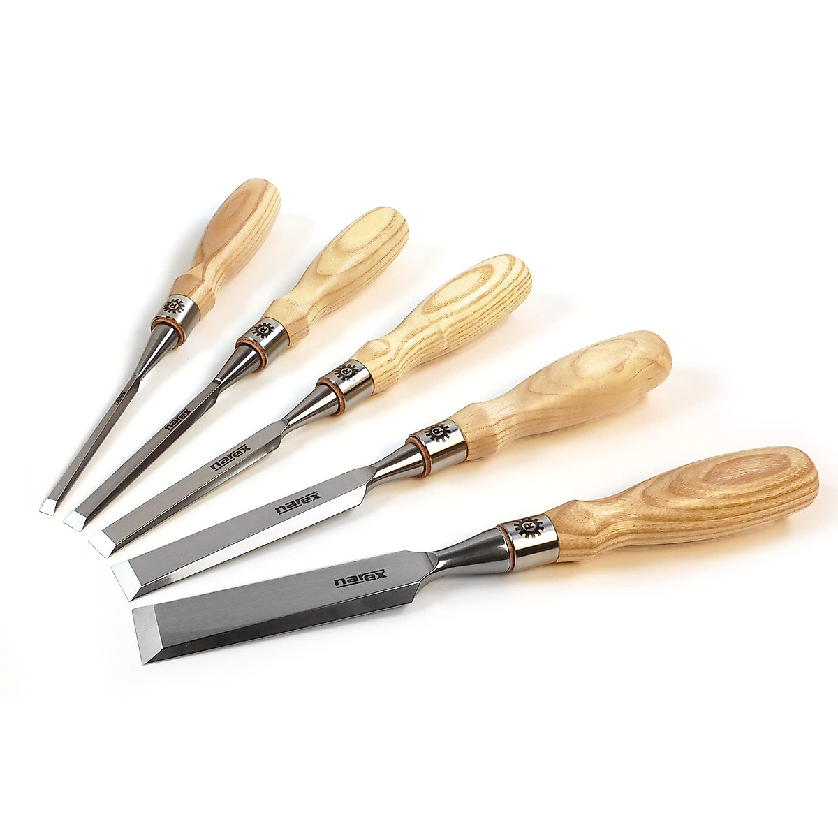 Narex 853600 5 Piece Boxed Set of Richter Extra Bevel Edge Chisel (1/4, 3/8, 1/2, 3/4 and 1 inch) Cryogenic Treated Cr-V Steel Hardened to HRc 62 Ergonomic Ash Handles Stainless Steel Ferrules