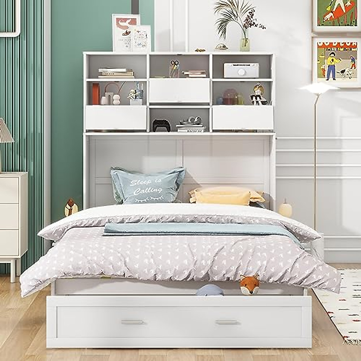 Queen Size Murphy Bed with Bookcase, Bedside Shelves and a Big Drawer, Multi-Functional Murphy Bed for Kids, Teens Bedroom, Space Saving Design & Easy Assembly (White-)