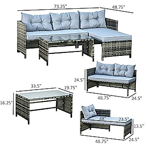Outsunny 3 Piece Patio Furniture Set, Rattan Outdoor Sofa Set with Chaise Lounge & Loveseat, Soft Cushions, Tempered Glass Table, L-Shaped Sectional Couch, Light Gray
