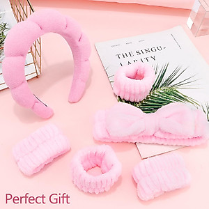 Chanaco Spa Wristband and Pink Puffy Sponge Makeup Headband Set for Face Washing, Skin Care, Teen Girl Gifts