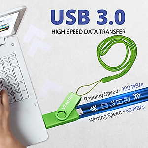 Vixelle 128GB High Speed USB 3.0 Type-C Flash Drive with Lanyard – 2in1 Dual USB C Memory Stick - 360° Swivel Pen Drive with Keychain Loop – 128GB USB Stick for Smartphone, Tablet & Computer - Green