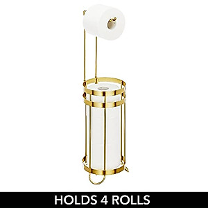 mDesign Metal Free Standing Toilet Paper Holder Stand and Dispenser, with Storage for 3 Spare Rolls - for Bathrooms/Powder Rooms - Holds Mega Rolls - Soft Brass
