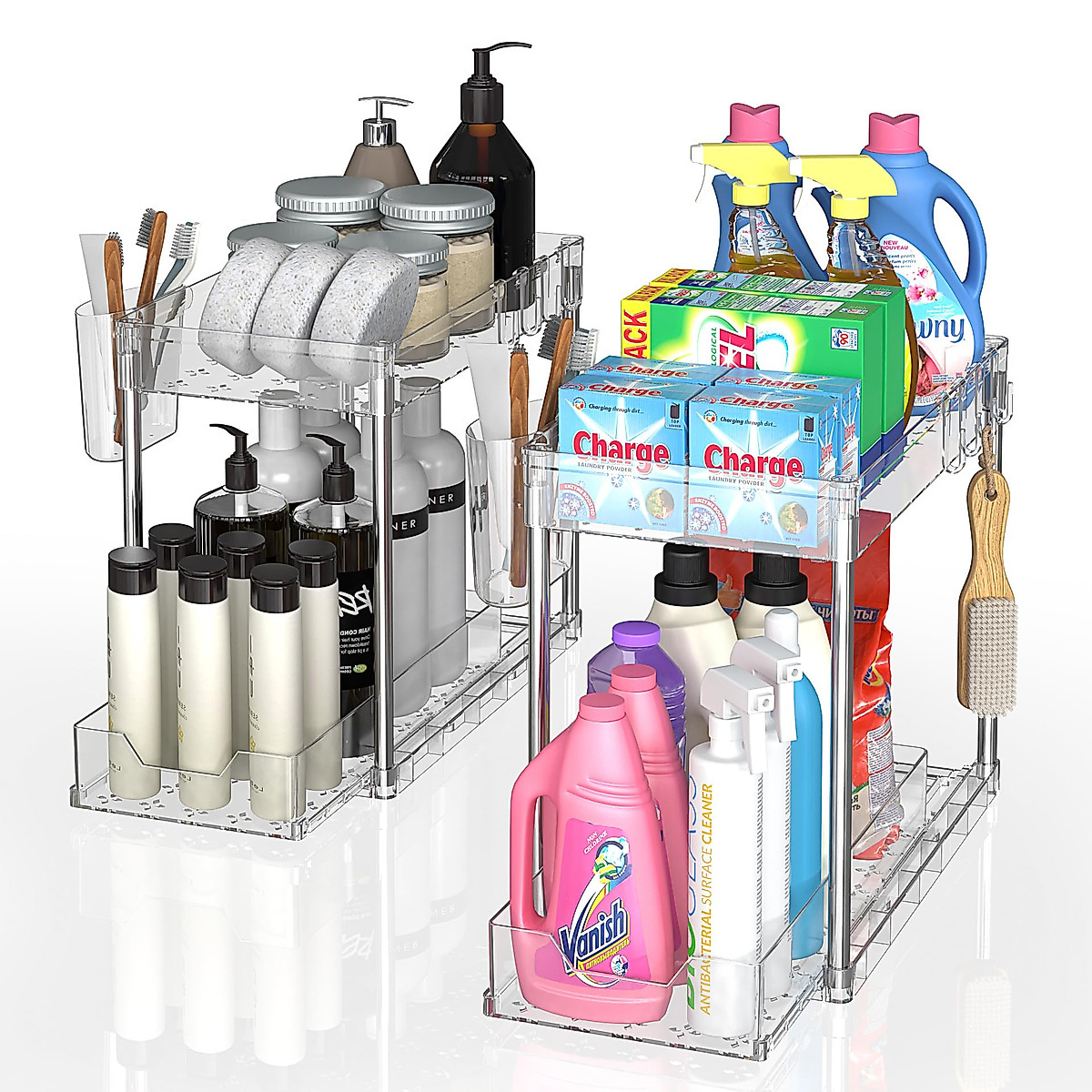 Gbasics Under Sink Clear Organizer and Storage, Pull Out Cabinet Organizer with Sliding Drawer 2 Tier Multi-Purpose Bathroom Shelf Organizer for Kitchen Bathroom Storage