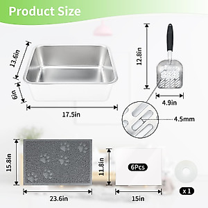 Rypet 2 Set Stainless Steel Litter Box，Rust Proof Metal Cat Litter Tray，Durable Kitten Litter Box with 2 Cat Litter Scoop，6 Litter Pee Splash Guard and 2 Cat Litter Mat，Easy to Clean(17.5"*13.6"*6")