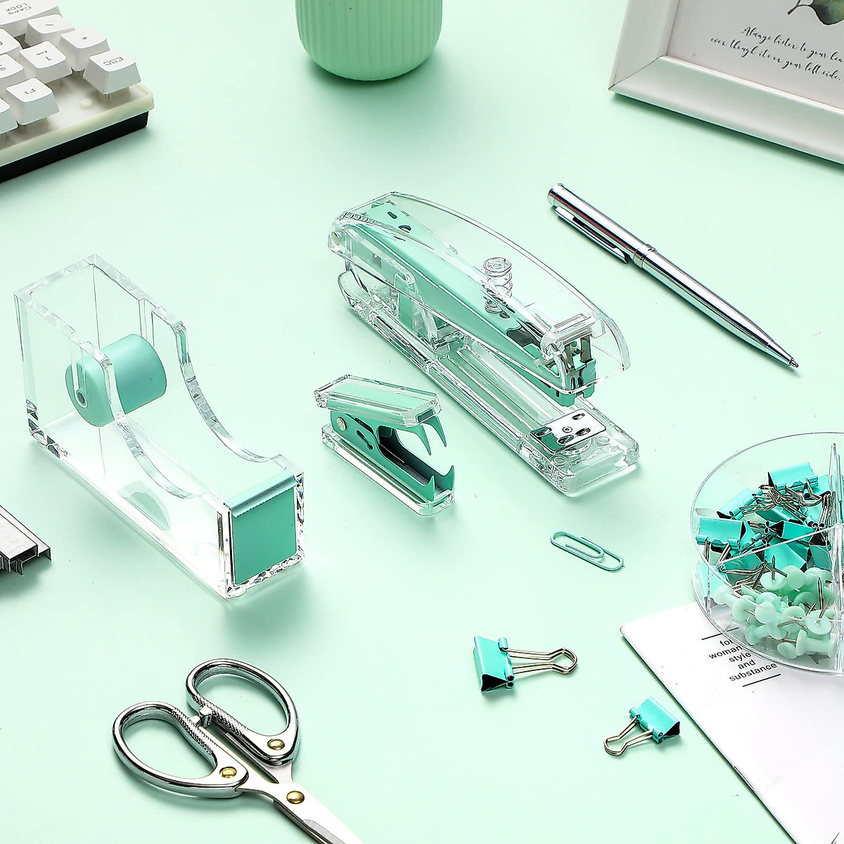 Office Supplies Set Desk Accessory Kit, Acrylic Stapler Set Staple Remover, Tape Dispenser, Binder Clips, Paper Clips, Ballpoint Pen and Scissor with 1000 Pieces 26/6 Staples (Green)