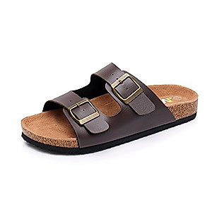WTW Slip on Flat Cork Sandals for Men with Adjustable Strap Buckle Open Toe Slippers Suede Sole (US 7, Brown)