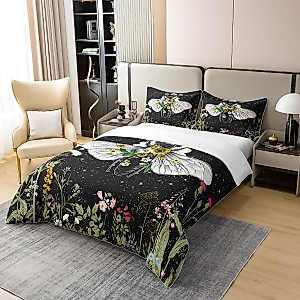 jejeloiu Sun Moon Duvet Cover 100% Cotton Queen Size Death Moth Bedding Cotton Duvet Cover Set for Bedroom Skull Decor Sunflowers Botanical Blossom Black Yellow Bedding Set