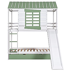 DEYOBED Twin Over Twin House Bunk Bed with Slide for Kids, Wooden Bunk Beds with Trundle for Girls Boys, Slide Playhouse Bed, White+Green