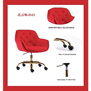 ZOBIDO Comfy Home Office Task Chair with Wheels, Cute Modern Upholstered Velvet Back Adjustable Swivel Vanity Desk Chair, for Women,for Girls, Living Room, Bedroom(red)