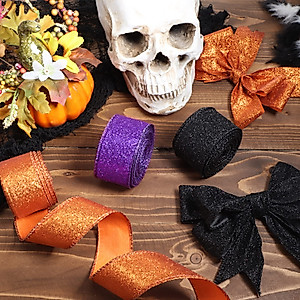 Juinte 3 Roll 30 Yards Christmas Glitter Wired Ribbon Christmas Party Favors Decor Gift Wrapping Ribbon for Craft Headband Bow Decor(1.5 Inch,Black, Orange, Purple)