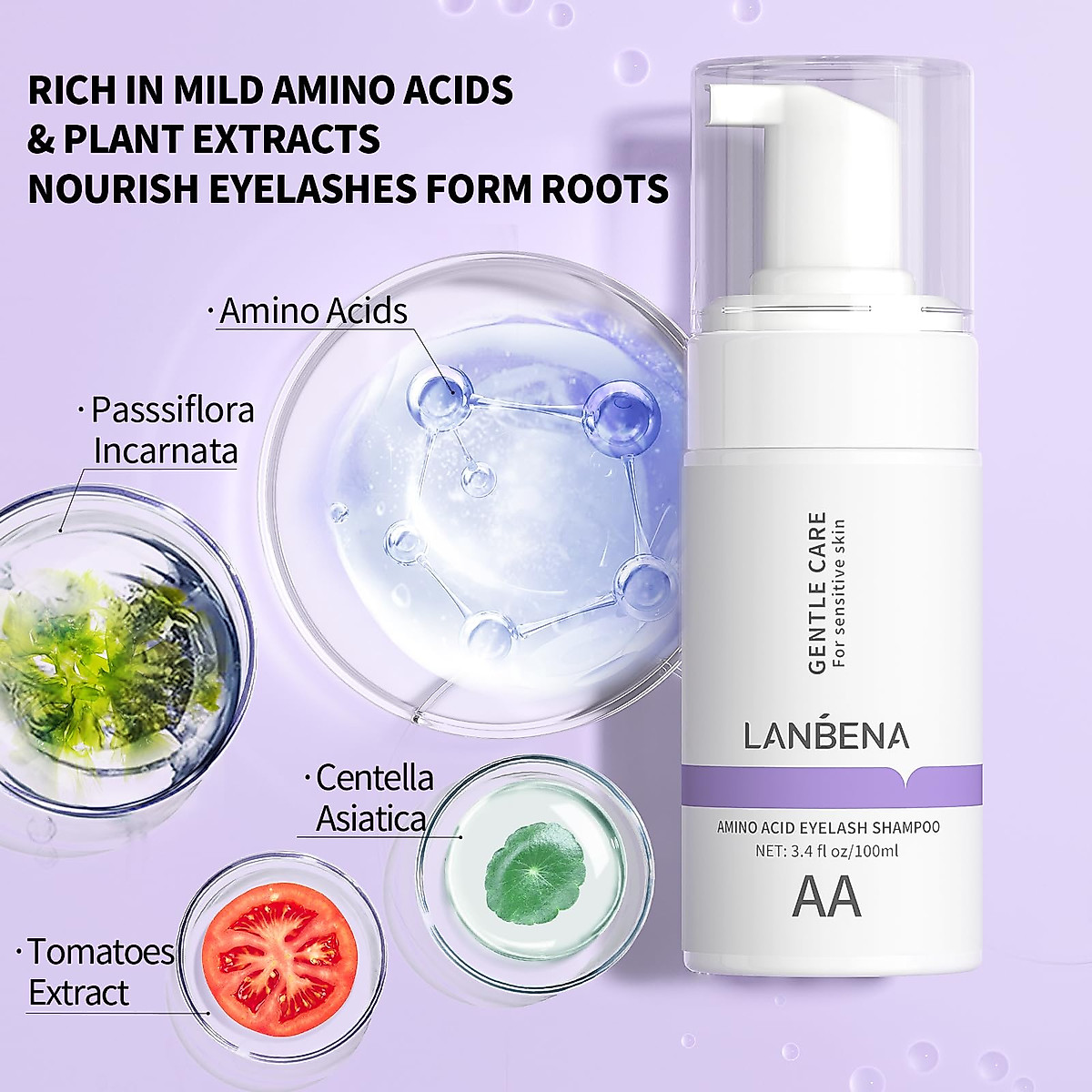 LANBENA 100ml Eyelash Extension Cleanser, Lash Shampoo for Lash Extensions, AMINO ACID Eyelash Shampoo Oil Free Foam Lash Bath for Eyelash Extensions, Lash Cleaning Kit with Brush,Home Salon Use