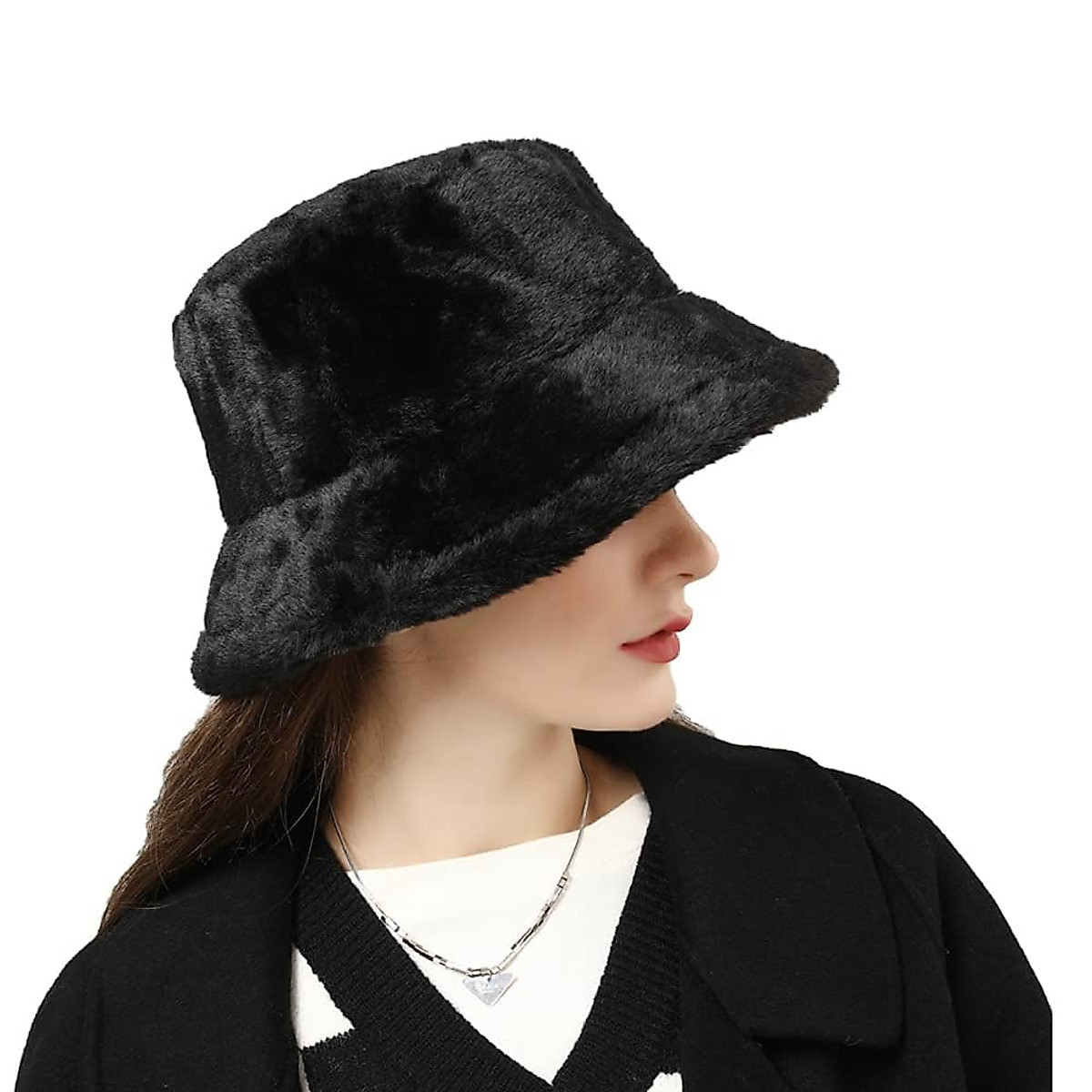 CZEVIP Black Faux Fur Bucket Hat Soft Warm Winter Fuzzyy Bucket Hat Fluffy Winter Hats for Women Men Furry Bucket Hat Unisex