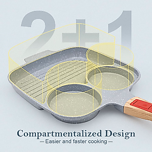 RANXINGST Ceramic Egg Pan with Lid, 10” Nonstick 3 Section Divided Grill Pan with Detachable Handle, Fried Egg Pan Omelette Pan for Breakfast - Blue
