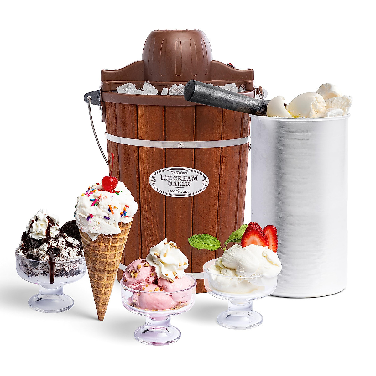 Nostalgia Electric Ice Cream Maker - Old Fashioned Soft Serve Ice Cream Machine Makes Frozen Yogurt or Gelato in Minutes - Fun Kitchen Appliance - Vintage Wooden Style - Dark Wood - 6 Quart and Nostalgia ice Cream Rock Salt, 4lb, Tub