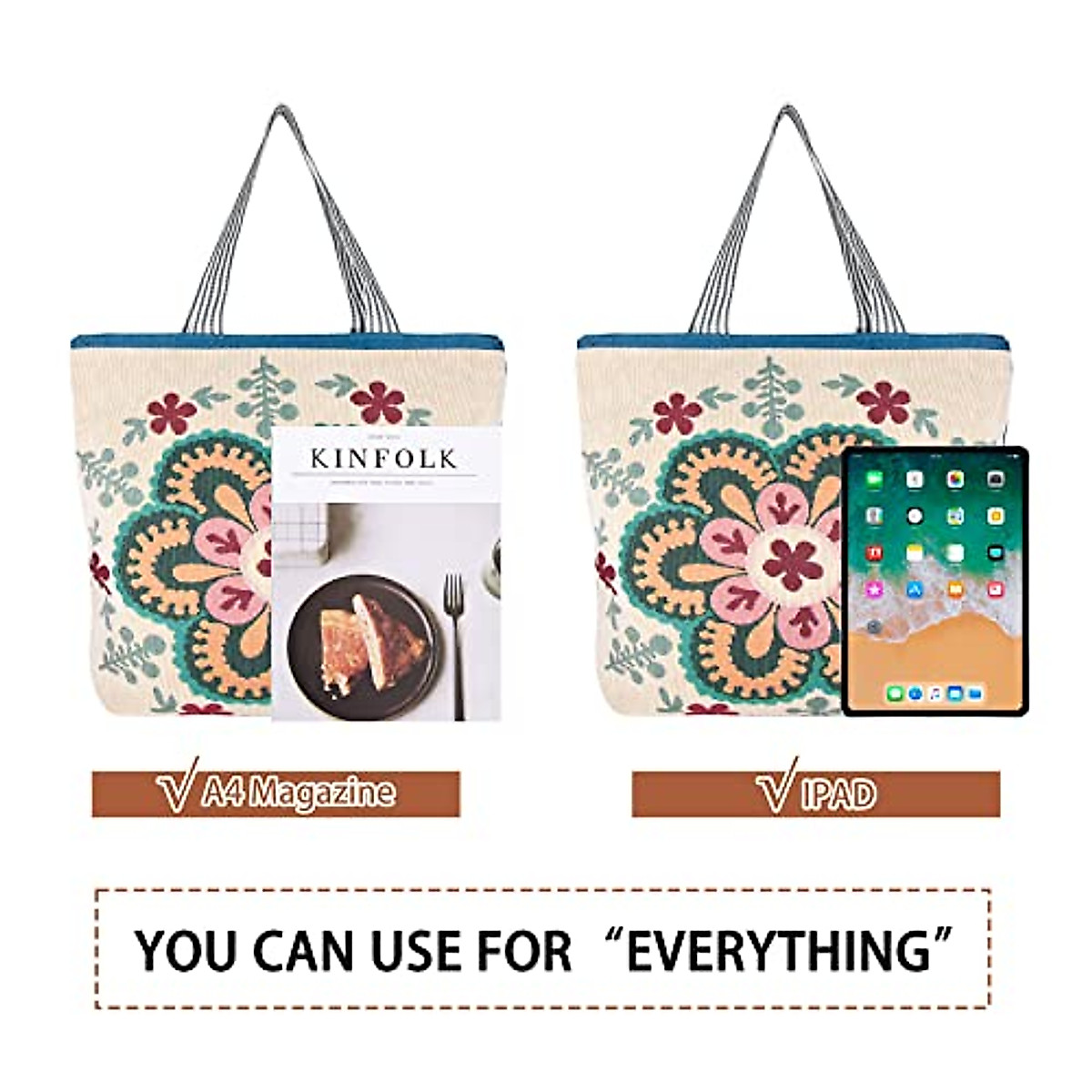 Hibala Tote Handbags for Women Large Embroidered Canvas Shoulder Bag Daily Bag Boho Bag (Mandala pattern)