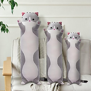 SHINUOER Long Cat Plush Pillow Cat Body Pillow,Gray Cat Stuffed Animals Soft Plushies Kawaii Stuffed Kitten Plush Toy for Kids Girlfriend(Gray, 19.7Inch)