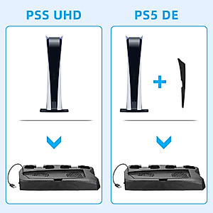 Yerliker Multi-Function Vertical Stand with Cooling Fan Compatible with PS5 Console and PS5 Digital Edition, with Game Holder Dual Controller Charger 3-Ports USB Hub and 14 Game Card Slot Organizers [video game]