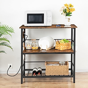 HOOBRO Kitchen Island with Storage, Kitchen Island Table with Power Outlet, 35.4" L 3 Tier Coffee Station and Microwave Stand, for Home, Kitchen and Dining Room, Rustic Brown and Black BF021ZD01
