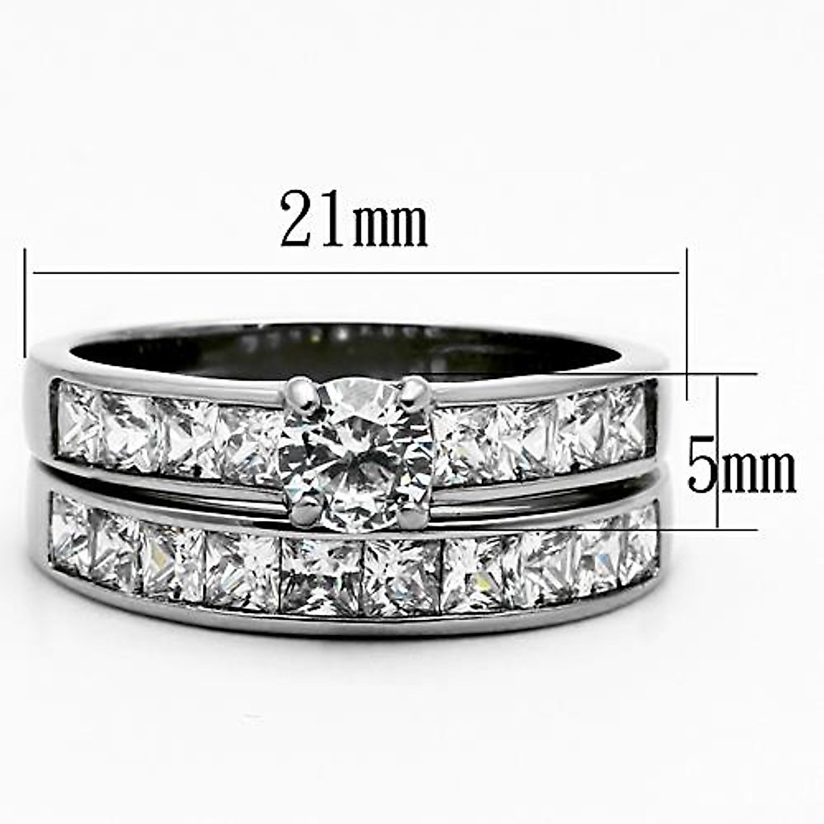 Marimor Jewelry His and Her 3 Piece Stainless Steel 3.25 Carat Cubic Zirconia Bridal Set and Men's Classic Wedding Band Women's Size 08 Men's 08mm Size 14