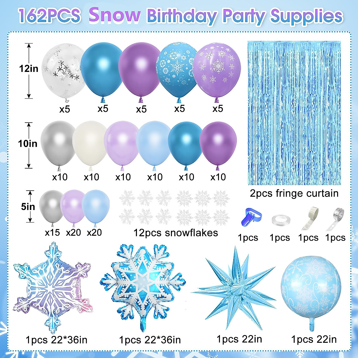 Amandir 162PCS Snow Birthday Party Supplies, Snow Balloon Garland Arch Kit Fringe Curtain Blue Purple Snowflake Foil Balloons Princess Winter Wonderland Girl Baby Froze Party Decorations
