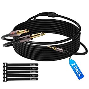 1/8 to Dual 1/4 Stereo Cable 4 Feet (2 Pack), 3.5mm TRS to 2 x 6.35mm TS Mono Y Splitter Audio Cord Adapter, Oxygen-Free Copper, OD:5.0MM, for PC, Mixer, Speaker, Home Stereo System with 5 Cable Ties
