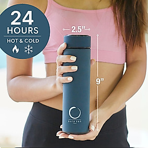 Pure Zen Tea Thermos with Infuser - Stainless Steel Insulated Tea Infuser Tumbler for Loose Leaf Tea, Iced Coffee and Fruit-Infused Water - Leakproof Tea Tumbler With Infuser - 15oz - Blue