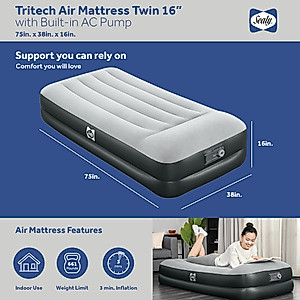 Sealy Tritech 16” Twin Sized Inflatable Air Mattress Bed with Built-in Pump, Storage Bag, and Repair Patch for Indoor and Outdoor Use