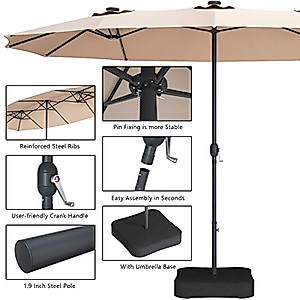 TANGKULA 15 Ft Solar LED Patio Double-Sided Umbrella with Base, Outdoor Twin Umbrella, Extra Large Umbrella w/ 36 Solar Powered LED Lights & Crank System for Garden, Deck, Poolside, Patio (Beige)
