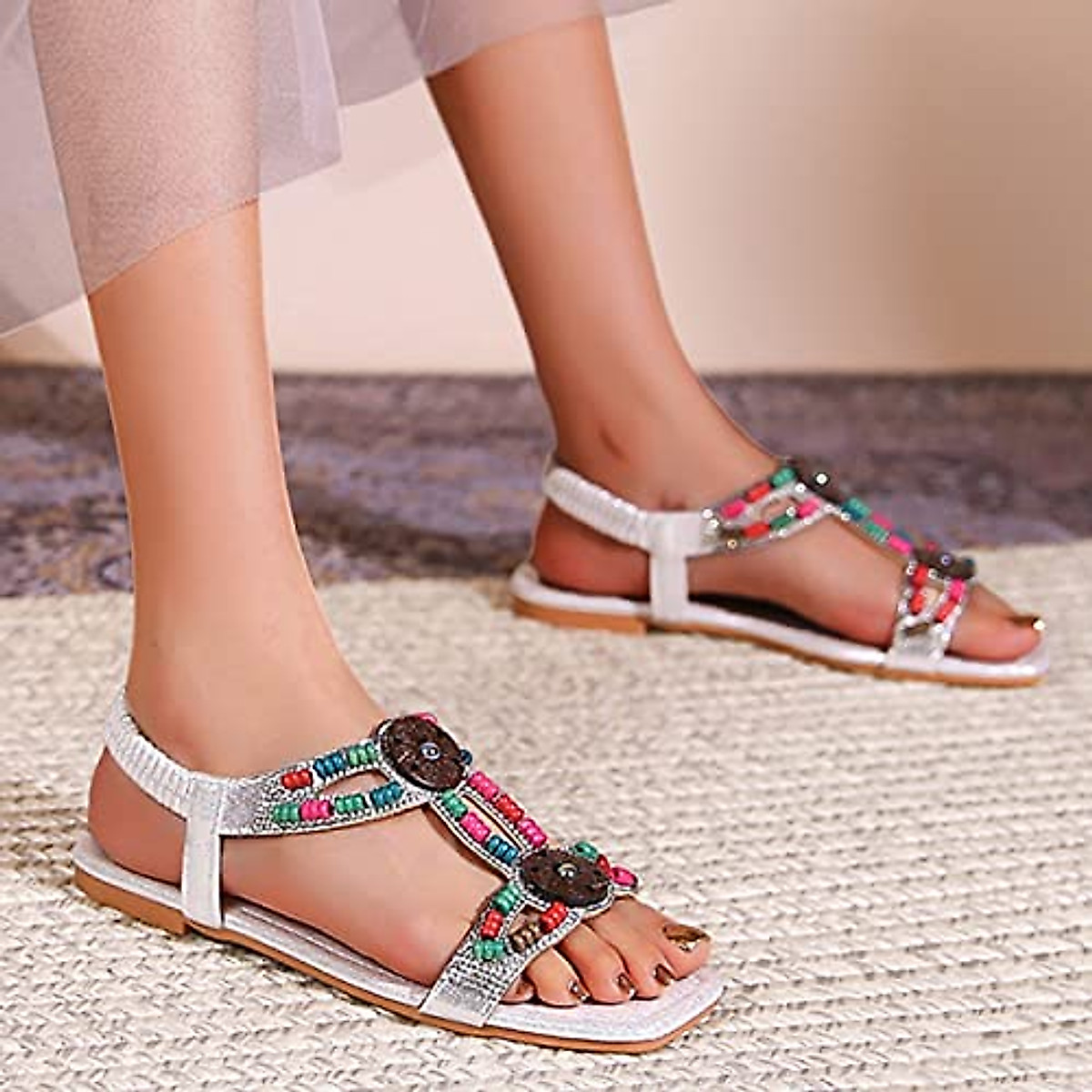 Women's Bohemia Rhinestone Flat Sandals Open Toe Elastic Ankle Casual Shoes Summer Beach Comfortable Slides (Silver, 8.5)