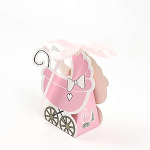 Efavormart 25 Pack | Pink Baby Paper Stroller Party Favor Gift Boxes, Cardstock Carriage Candy Boxes with Ribbon Ties - 4.5"x2"x4"