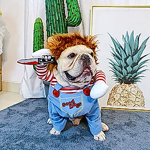 Pet Deadly Doll Dog Costume, Novelty Halloween Christmas Costumes Funny Dog Cosplay Outfits Cute Clothes for Small Medium Large Dogs Cats Party Dress Up Cool Puppy Costumes Scary Spooky Apparel Blue