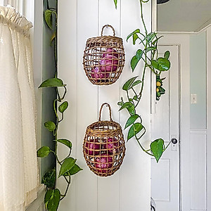 Elsjoy Set of 2 Wall Hanging Onion Basket, Wicker Woven Basket Handmade Rattan Basket, Fruits and Veggies Storage Basket for Pantry, Kitchen, Garden