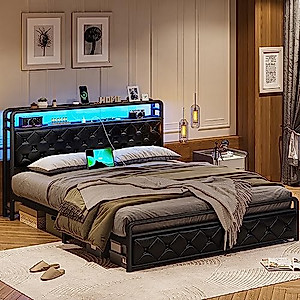 ADORNEVE Queen LED Bed Frame with Storage Headboard,Faux Leather Queen Size Platform Bed Frame with Power Outlets & USB Ports,Noise-Free,Black