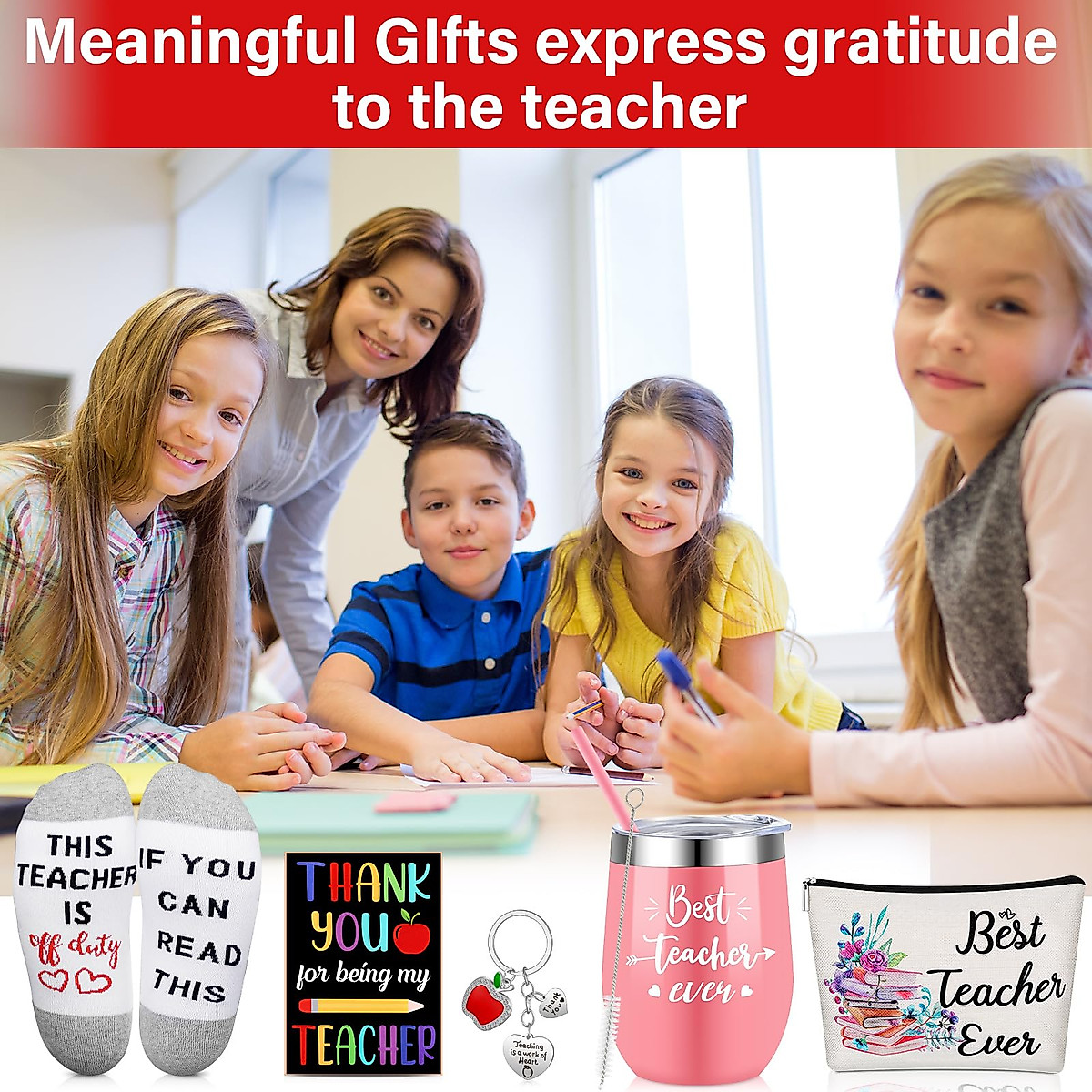 Newtay Teacher Appreciation Gifts Thank You Teacher Gifts Basket,12 oz Wine Tumbler Best Teacher Makeup Pouch Bag Keychains Teacher Socks for Teacher Appreciation Supplies (Best Teacher)