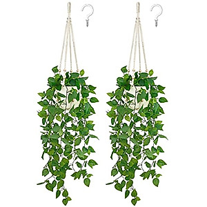 Mkono 2 Packs Fake Hanging Plant with Pot, Artificial Plants for Home Decor Indoor Macrame Plant Hanger with Fake Vines Faux Hanging Planter Greenery for Bedroom Bathroom Office Decor, Ivory (Pothos)