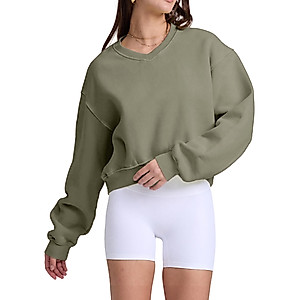 Hatant Sweatshirt for Women Acid Wash Athletic Hoodies Heritage Fleece V-neck Long Sleeve Hoodie Y2K Crop Pullover Women Sweatshirt Cotton Fleece Lined Hoodies Teen Workout Pullover Shirt Green-XL