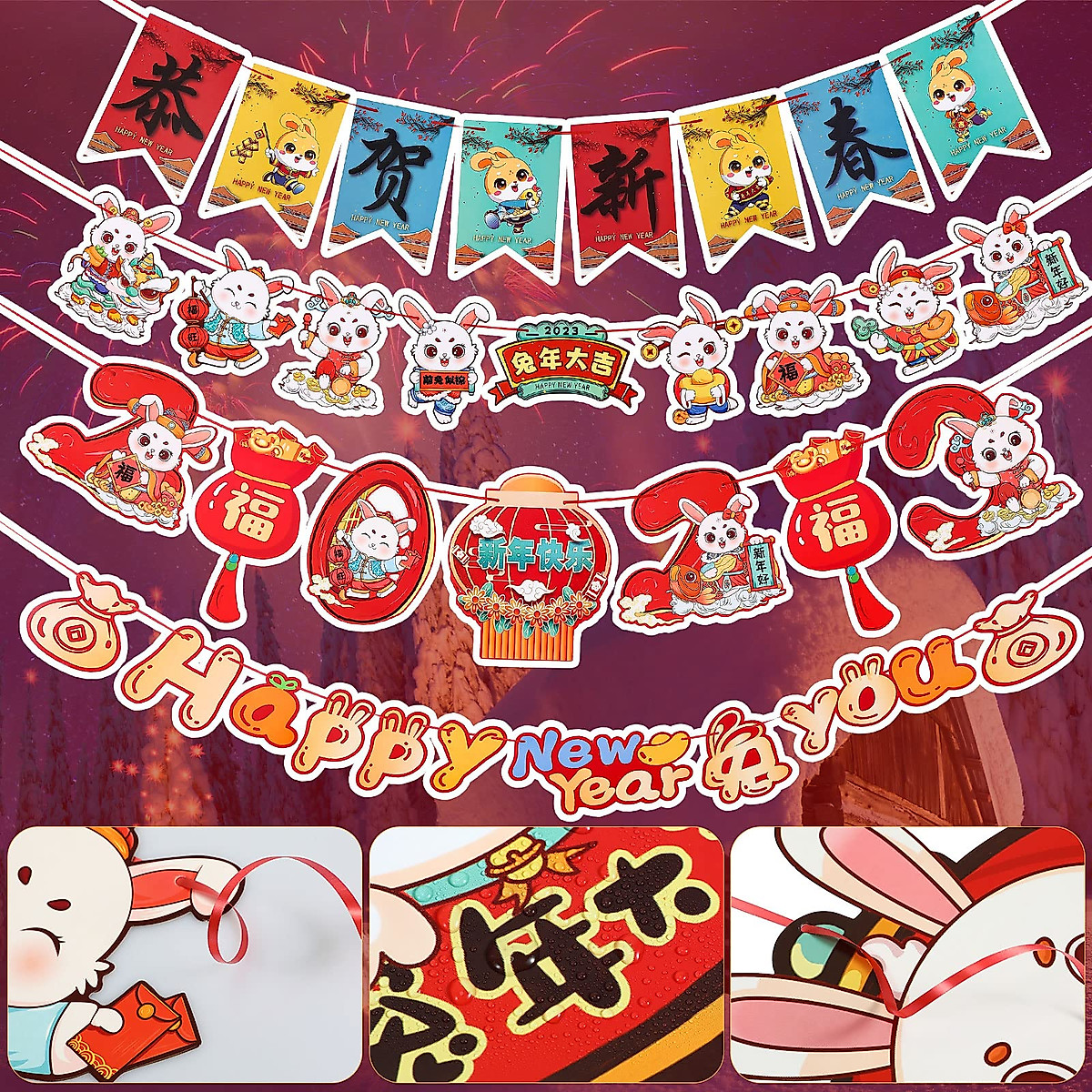 9 Pcs 2023 Chinese New Year Banner Year of The Rabbit Welcome Sign Traditional Chinese Rabbit Year Hanging Ornaments Spring Festival Hanging Banner Decorations 2023 Party Supplies Home Office Porch
