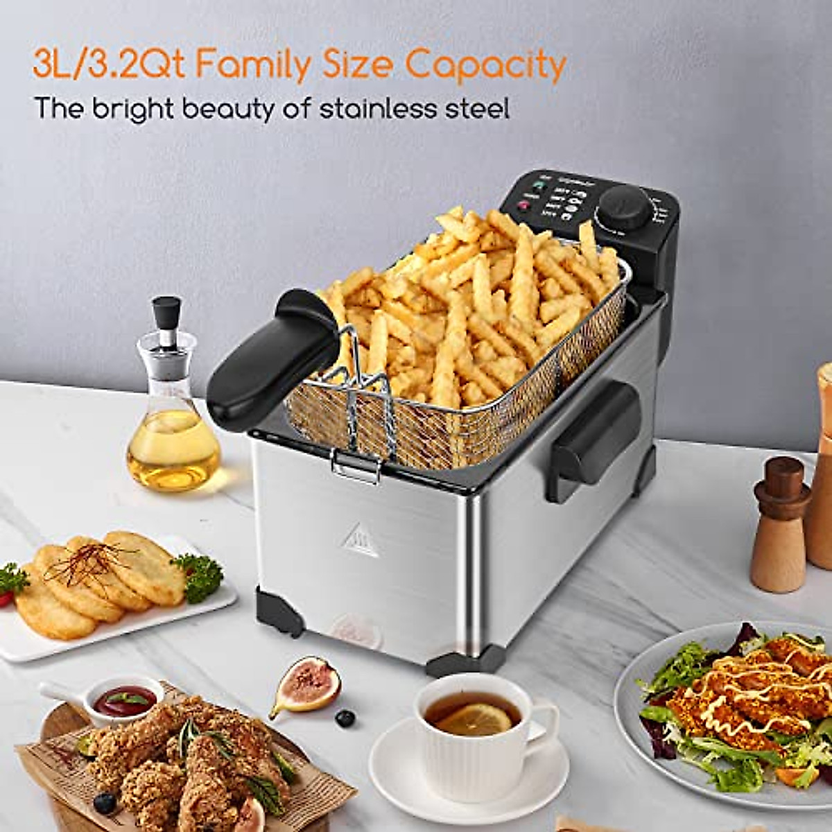 Aigostar Deep Fryer with Basket, 3L/3.2Qt Stainless Steel Electric Deep Fat Fryer with Temperature Limiter for Frying Chicken, Tempura, French Fries, Fish and Onion Rings,1650W, Silver