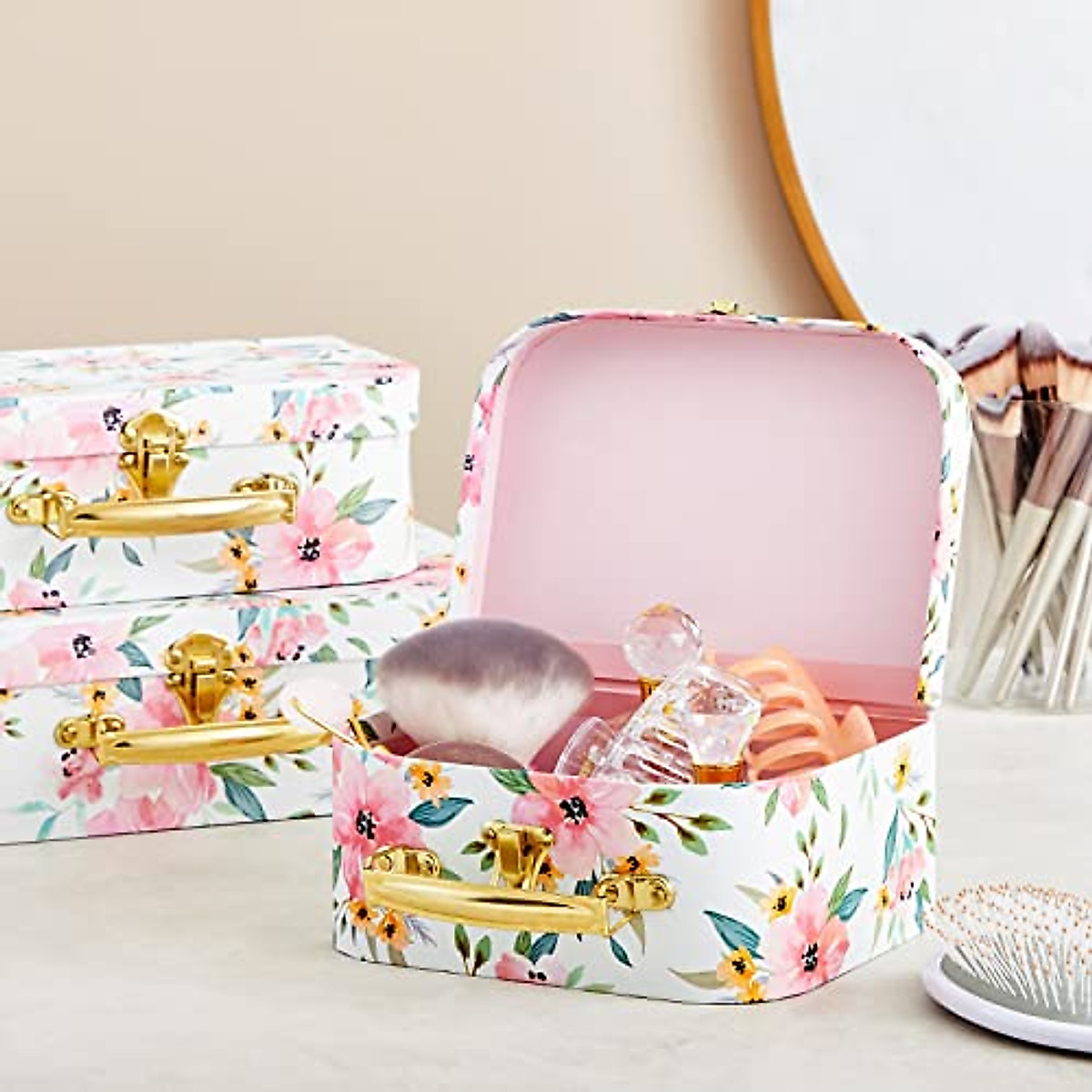 Okuna Outpost Set of 3 Different Sizes of Paperboard Suitcases with Metal Handles, Floral Print Decorative Cardboard Storage Boxes (Floral Print)