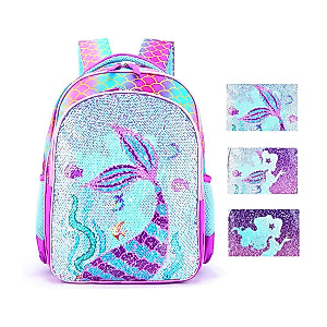 Usnyabni THE Crafts Reversible Sequin School Backpack Lightweight Little Kid Book Bag for Preschool Kindergarten Elementary (17", Mermaid
