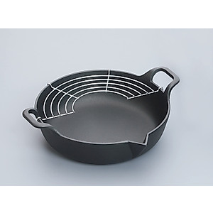 Iwachi 25101 Tempura Pot, Black, Inner Diameter 9.4 inches (24 cm), Nambu Ironware Tempura Pot, Flat Bottom 9.8 inches (25 cm)