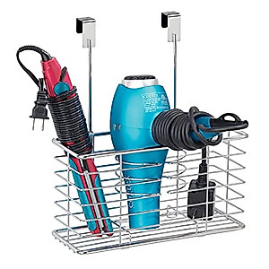 mDesign Steel Over Cabinet/Door Hair Dryer Holder Storage, Hair Styling Tool Organizer Basket for Bathroom - Hair Blow Dryer, Flat Iron, Curling Wand, Hair Straightener - Linelle Collection - Chrome