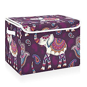 CaTaKu Bohemia Elephant Storage Bins with Lids and Handles, Fabric Large Storage Container Cube Basket with Lid Decorative Storage Boxes for Organizing Clothes