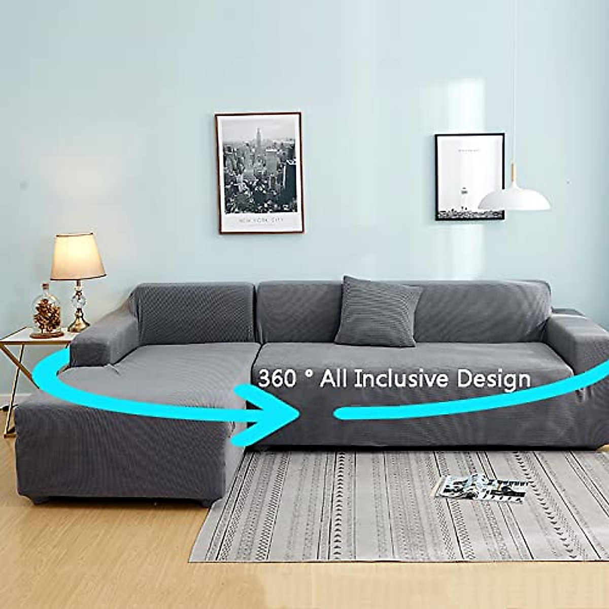 OQOPO Velvet Plush L-Shaped Sofa Cover L-Shaped Sectional Sofa Cover,1 2 3 4 5 Seater Stretch Sofa Cover for Pets Dogs Non-Slip Furniture Protector with Elastic Bottom-Lake Blue 4 Seater 235-300cm