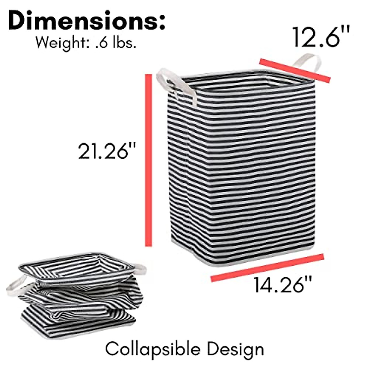 BIRDROCK HOME 61L Collapsible Single Square Laundry Hamper Basket - Grey & White Stripes Bin - Compact Dirty Clothes Organizer Bag - Lightweight Tote