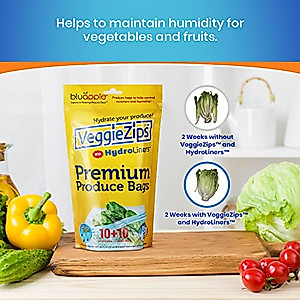 Bluapple VeggieZips Premium Produce Storage Bags - 10 Produce Food Saver Bags + 10 HydroLiners to Keep Produce Fresh Longer - Washable & Reusable Bags for Humidity Control for Fruits and Vegetables
