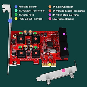 LTERIVER PCIE to 2X 19Pin USB 3.0 Header, PCIE Superspeed USB 3.0 5Gbps Expansion Card for Windows 11, 10, 8.1, 8, 7, XP (32/64bit) Desktop PCs, Built in Smart Power Control Technology (PCE-IN4)