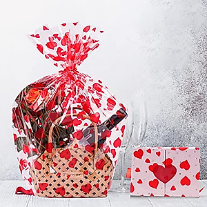 Cellophane Wrap Roll Hearts Design（100’ Ft. Long X 32” in. Wide）2.3 Mil Valentine's Day Cellophane Bags Thick Crystal Clear with Special Red Hearts Cellophane Bags For Flower Wrapping, Gift Basket Wrap Cellophane for Valentine's Day Gift Wrapping